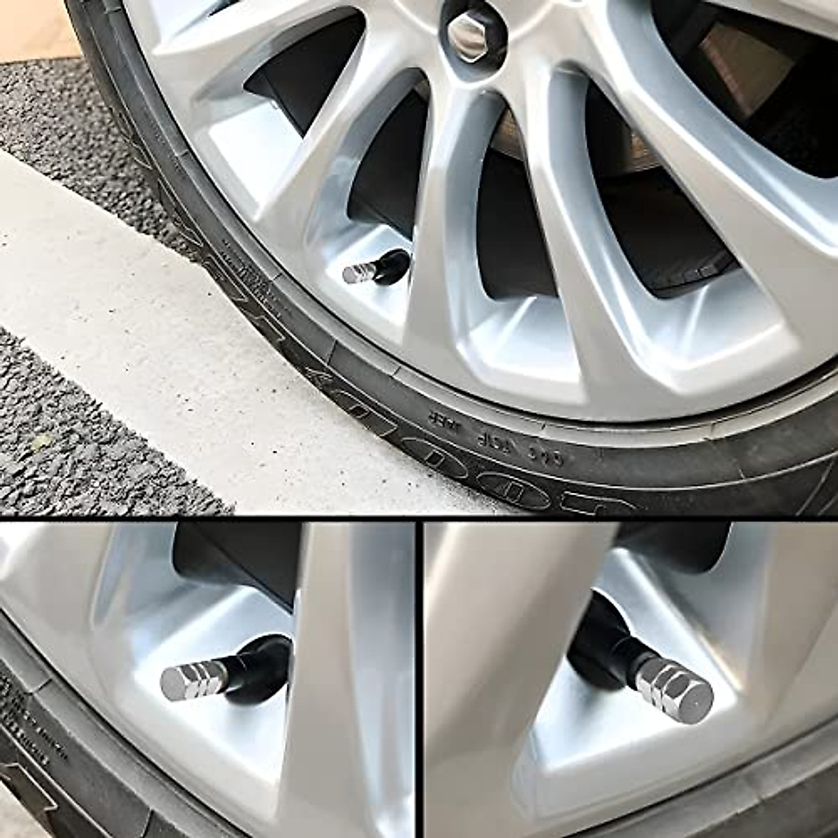 Car Tire Valve Stem Cap, 12 Pcs Wheel Valve Covers, Leak-Proof Air Caps Cover, Airtight Aluminum Alloy Hexagon Shape Tyre Accessory, Universal for Auto, Truck, SUV, Motorcycle, Bike (Silver)