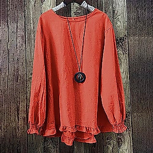 Amazon Warehouse Sale clearancewhite Button Down Dress Women's Cute Preppy Tops Long Sleeve Crewneck Cotton Linen Tops Solid Color Plain Top Fall Fashion Shirts Blouse Orange 2XL