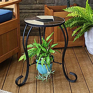 Sunnydaze 12-Inch Plant Stand - Indoor or Outdoor Plant Holder or Side Table - Steel Frame - For Garden, Patio, or Inside the Home - Ceramic Tile