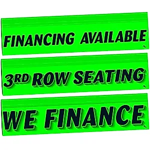 Versa Tags Windshield Slogan Stickers 12 Pack of FINANCING Available Stickers 12 Pack of 3RD Row Seating Slogans 12 Pack of WE Finance Window Stickers (36) Dealership Stickers Black On Green