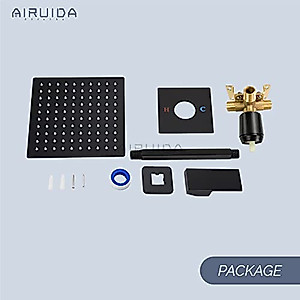Airuida Matte Black Shower Faucet Set 12 Inch Square Shower Head and Handle Set Single Function Shower Trim Kit Ceiling Mount Bathroom with Male Threads and Rough-in Valve