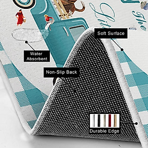 2 Pieces Kitchen Mats Floor Area Rug Set Farmhouse Teal Truck Cute Dog Non-Slip Doormat, Indoor Water Absorbent Standing Runner Rugs for Home Decor Spring Flower Butterfly Aqua Plaid