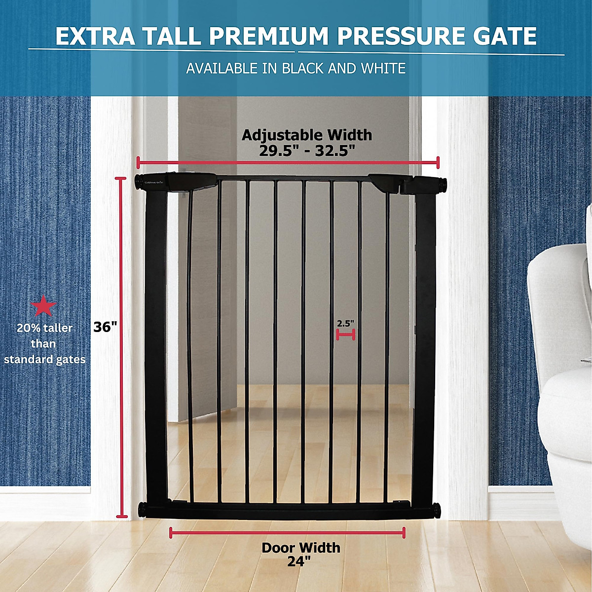 Cardinal Gates XTPPG Extra Tall Pressure Mounted Baby Gate - Adjustable Indoor Dog Gate - 36 Inch Tall Steel Safety Gate for Kids & Pets - 29.5 to 32.5 Inches Wide - Black