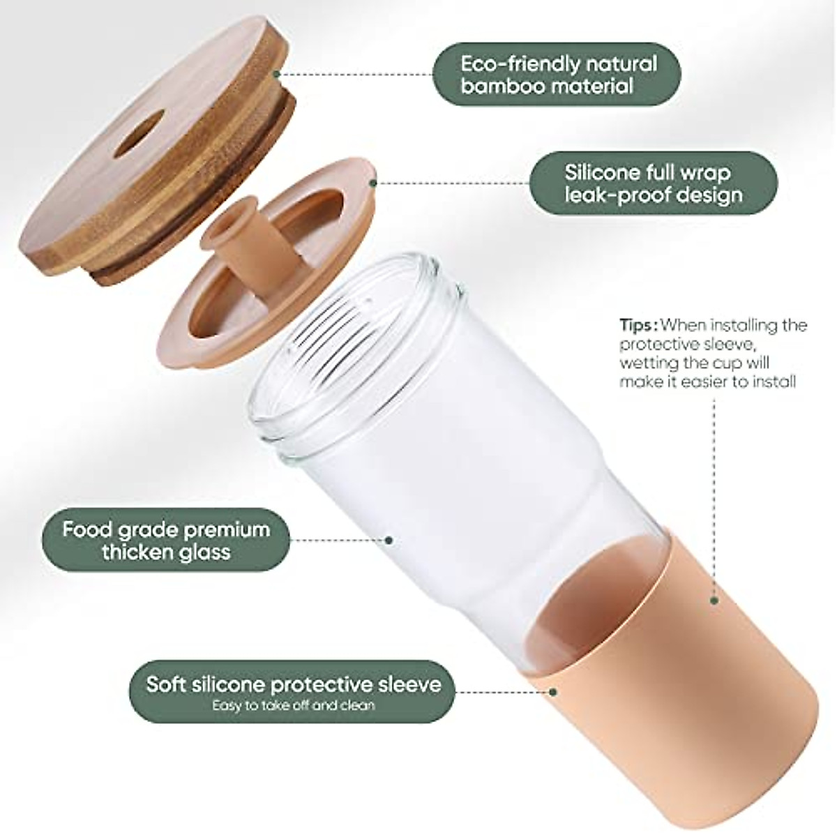 4 Pack Glass Cups with Lids and Straws, 22oz Mason Jar Glass Tumbler, Smoothie Cup with Silicone Sleeve, Reusable Boba Cup, Modern Cute Iced Coffee Cup, Drinking Glasses for Tea, Juice, Soda, Cocktail