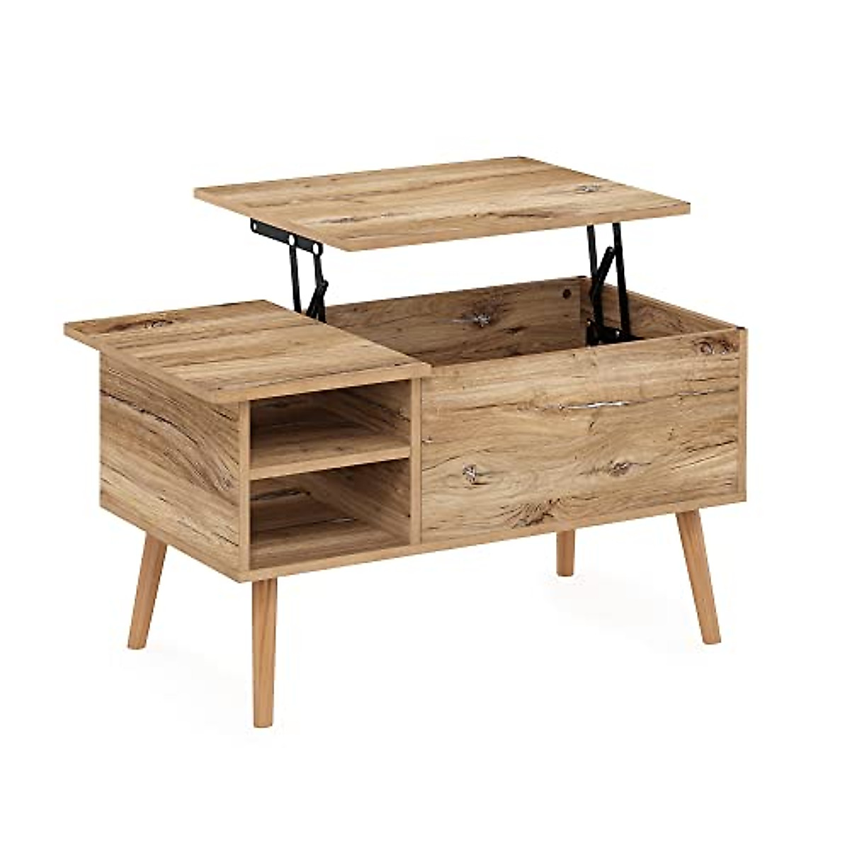 Furinno Jensen Living Room Wooden Leg Lift Top Coffee Table with Hidden Compartment and Side Open Storage Shelf, Flagstaff Oak