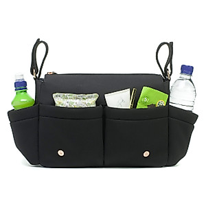 Black Travel Stroller Organizer and Hanging Diaper Bag by Storksak | Universal Fit, Large Storage Capacity, Baby Caddy with Elastic Cup Holder and Integrated Accessories