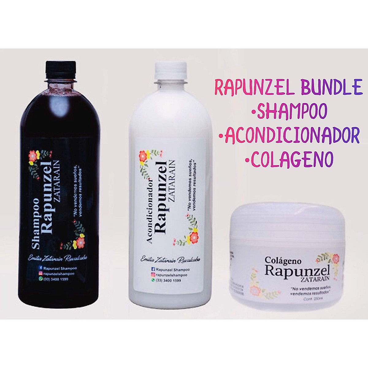 Super Rapunzel Sahmpoo/Conditioner/Colageno 3 in 1 Bundle. Effective Against Alopecia and Early Baldness, Eliminates Frizz, Dandruff, Ceborrhea. 100% Authentic Dist By Alebrije Imports Inc.