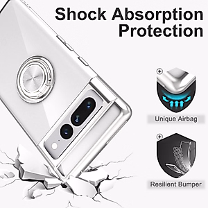 Tnarru Clear Compatible with Google Pixel 7 Pro Case with Magnetic Ring Holder Kickstand [Non-Yellowing] Transparent TPU Slim Thin Shockproof Protection Pixel 7 Pro Phone Case -Silver