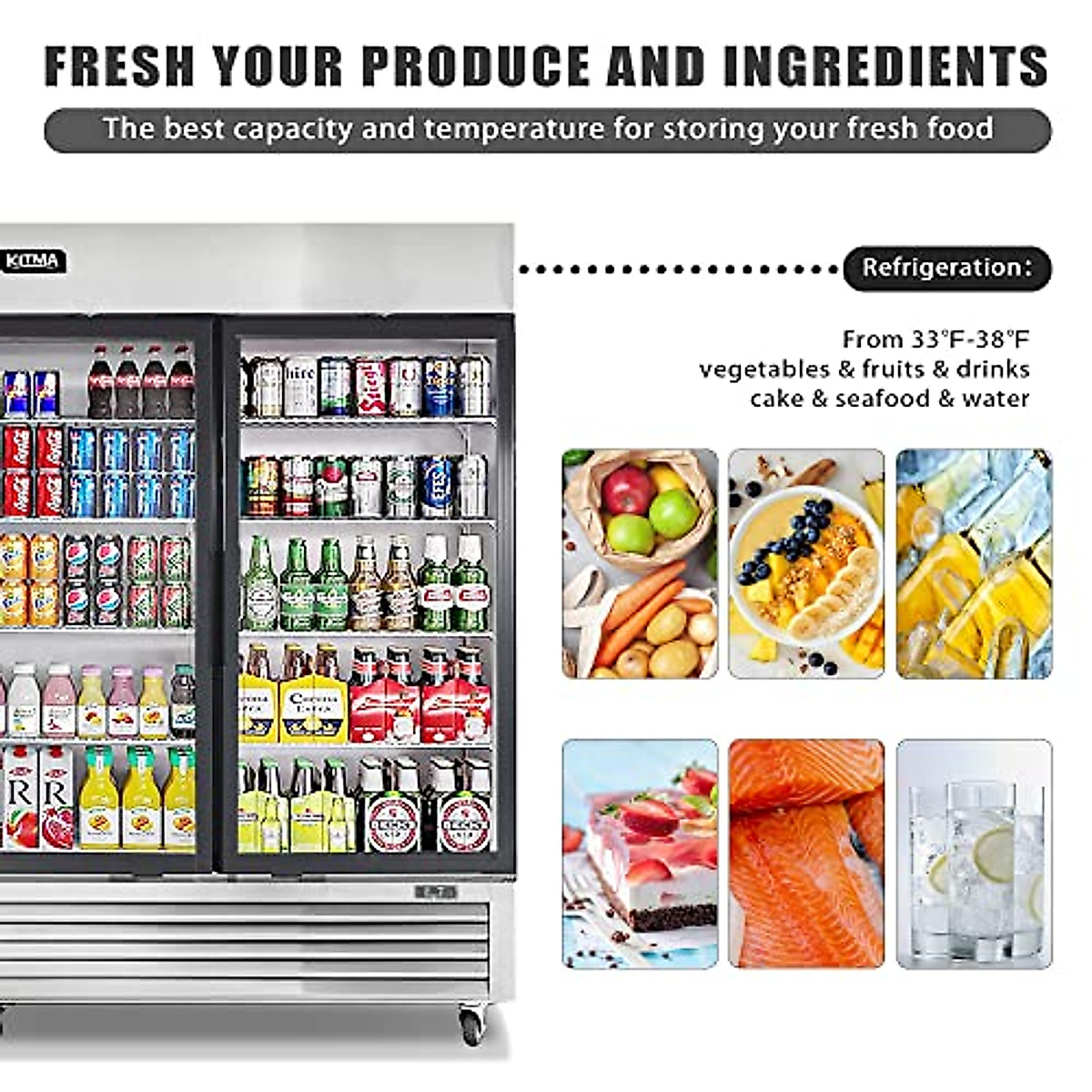 KITMA 54" Two Section Two Solid Doors Reach-in Commercial Refrigerator, 49 Cubic Feet, Automatic Defrost