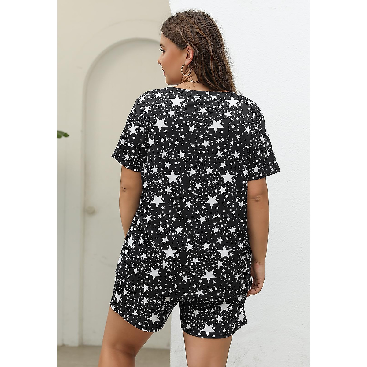 Celkuser Women's Plus Size 2-Piece Pajama Set Comfy Loungewear with Pockets Soft & Cozy Sleepwear for Women (109Blackstarx 4XL)