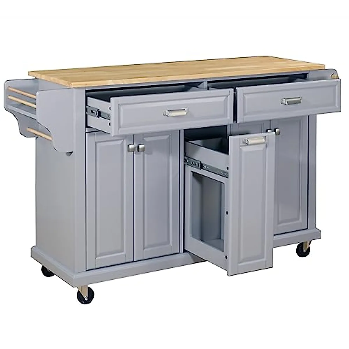 LKTART 51'' Mobile Kitchen Island Extensible 60.5''Solid Wood Table Top with 3 Drawers 4 Doors Spice Rack Towel Rack Movable on Wheels Kitchen Island for Kitchen