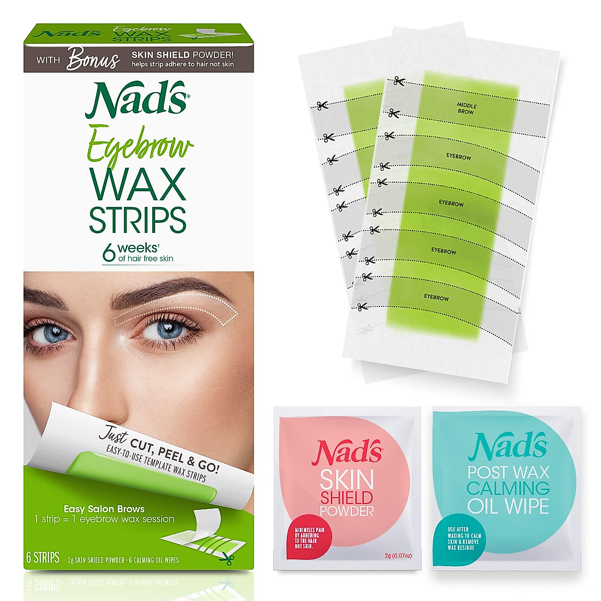 Nad's Eyebrow Wax Strips - Facial Hair Removal for Women - Eyebrow Wax Kit with 6 Eyebrow Waxing Strips + 6 Calming Oil Wipes + 2g Skin Protection Powder, 1 Count