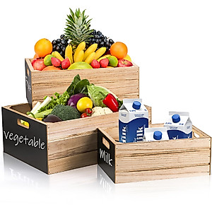 Lyellfe Set of 3 Wood Crates, Rustic Nesting Wooden Crates Unfinished for Display, Milk Organizer Storage Box with Chalkboard Handle, Natural Solid Wood