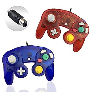 Reiso 2 Packs NGC Controllers Classic Wired Controller for Wii Gamecube (2 Packs Clear Red and Clear Blue)