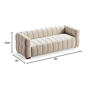 Container Furniture Direct Art Deco Velvet Sofa with Tufted Low Back Design, Sophisticated 3 Seater Couch for Living Rooms, 89 Inch Wide, Easy Assembly, Beige
