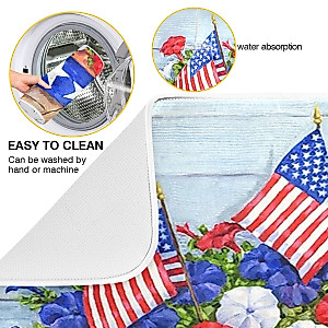 American Flag Spring Summer Flower Poppy Dish Drying Mat 18x24 for Kitchen Memorial Independence Day 4th of July USA Flag Dishes Pad Dish Drainer Rack Mats Absorbent Fast Dry Kitchen Accessories
