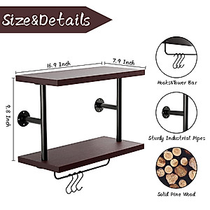 WOPITMER Industrial Pipe Shelving, 2-Tier, Floating Shelves with Hooks & Tower Bar, Rustic Farmhouse Style, Red Brown, for Bathroom, Kitchen, Bedroom & Home