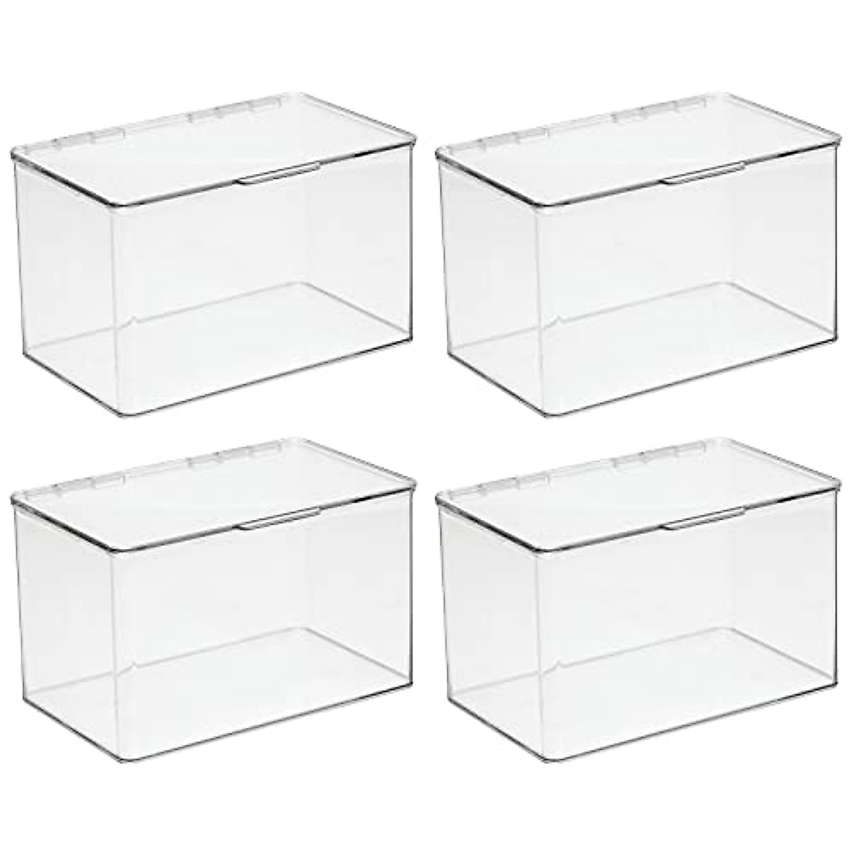 mDesign Small Plastic Home Office Storage Organizer Box Containers with Hinged Lid for Desktops - Holds Pens, Pencils, Sticky Notes, Highlighters, Staples, Supplies - Lumiere Collection, 4 Pack, Clear
