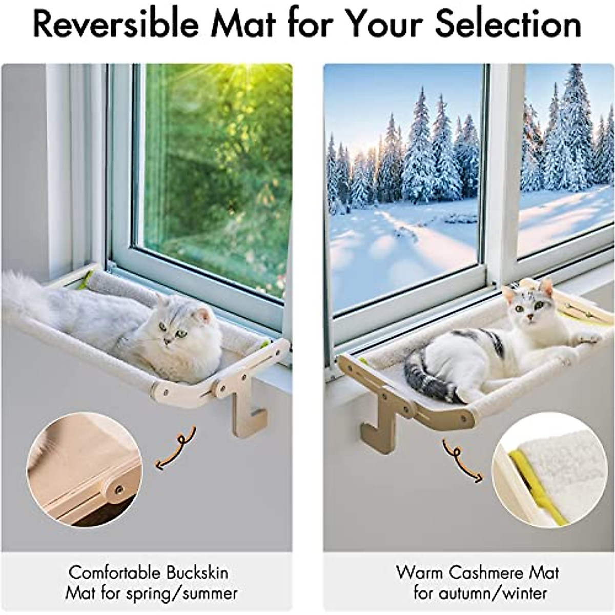 MEWOOFUN Sturdy Cat Window Perch Cat Hammock for Window Cat Window Seat Bed with Reversible Mat No Suction No Drilling Cat Perches Holds Up to 40lbs (Beige)