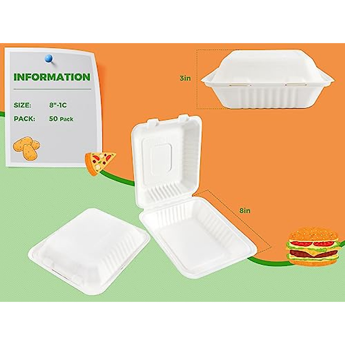 AUEAR, 8 Inch [50 Pack], Compostable Clamshell Take Out Food Containers, To Go Boxes for Food, Natural Disposable Clamshell Food Container, Eco-Friendly, Heavy - Duty To-Go Containers