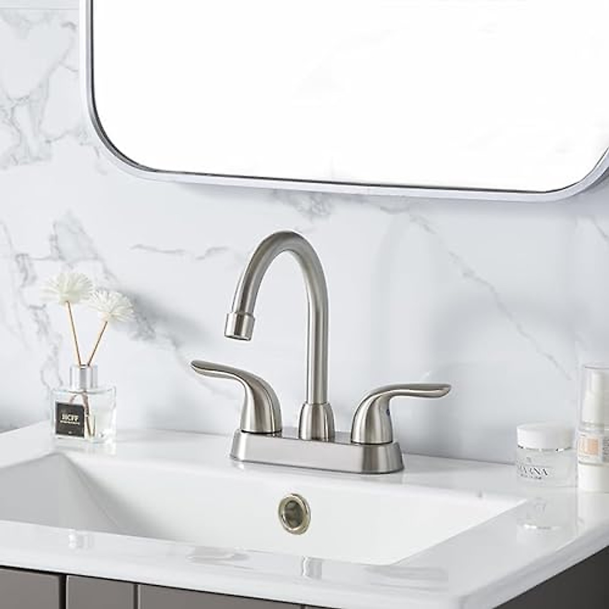 VCCUCINE Bathroom Faucet Brushed Nickel, Bathroom Faucets for Sink 3 Hole, 4 Inch Centerset 2 Handle Bathroom Sink Faucet, 360° Swivel Spout Bath Rv Lavatory Vanity Faucet