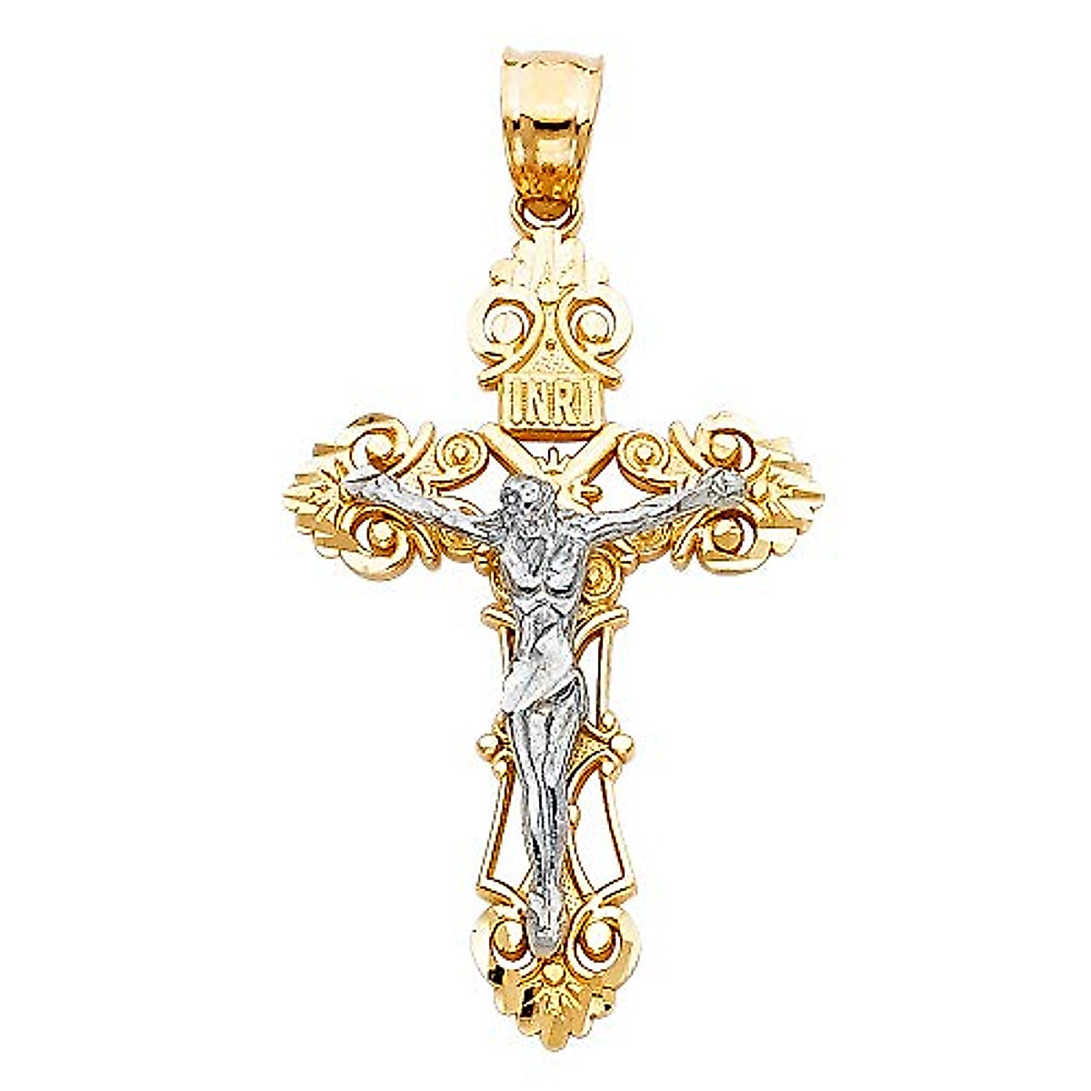 Wellingsale 14K Two 2 Tone White and Yellow Gold Polished Religious Catholic Gothic Crucifix Charm Pendant