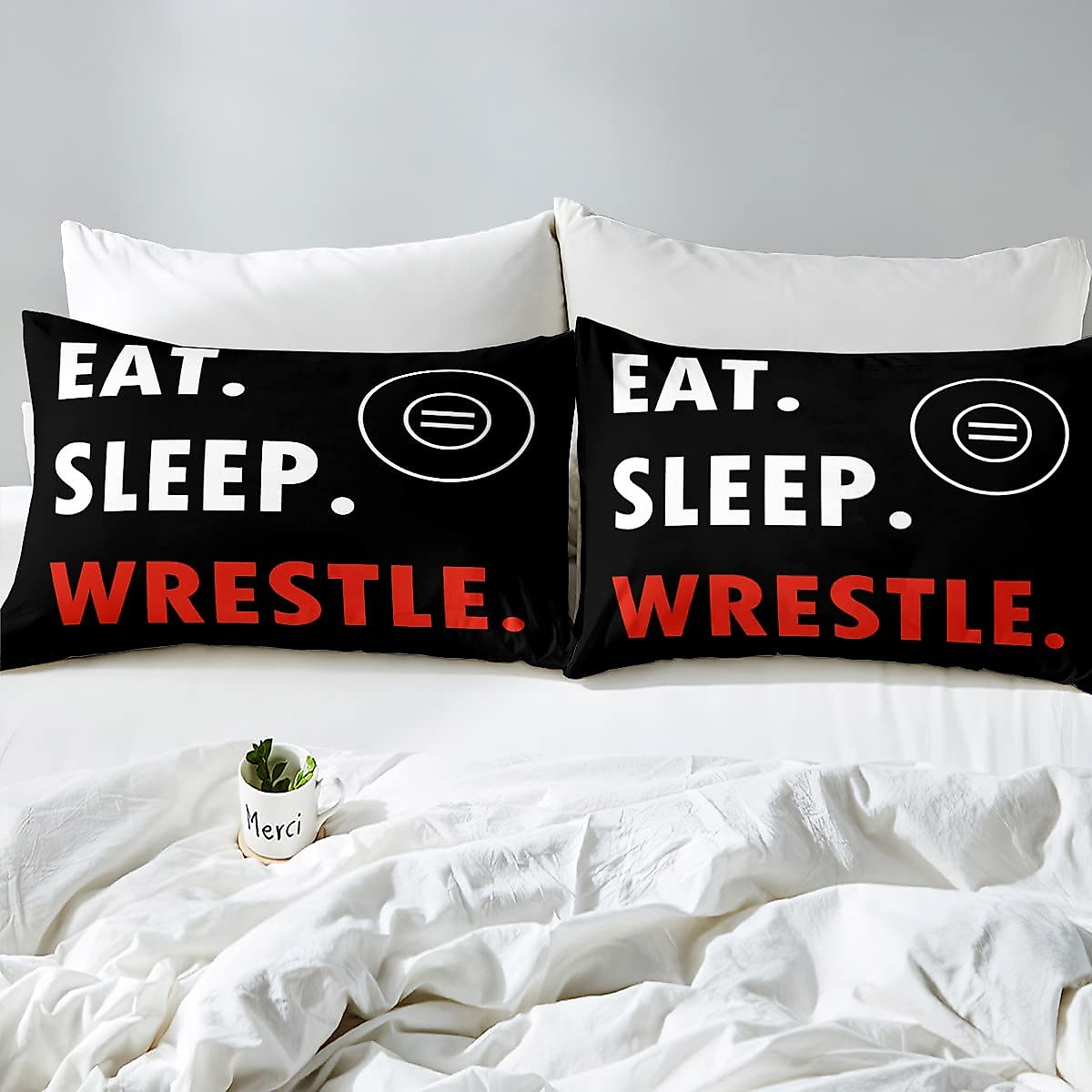 Wrestling Sports Bedding Set Twin Size,Eat Sleep Wrestle Themed Fitted Sheet for Kids Boys Bedroom,Wrestle Rodeo Black Red Microfiber Soft Bed Cover,1 Pillow Case