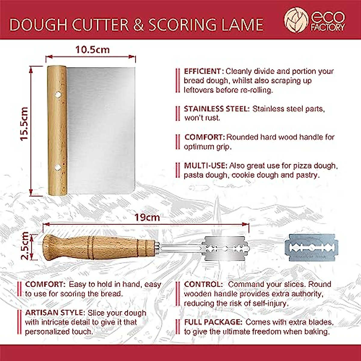 ECO FACTORY Professional Bread Proofing Basket Set of 2-9 inch Round Baskets - Sourdough Bread Making Kit - 100% Natural Indonesian Rattan - Stainless Steel Accessories - Designed in Switzerland