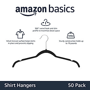 Amazon Basics Slim, Velvet, Non-Slip Shirt Clothes Hangers, Black/Silver - Pack of 50