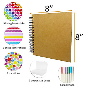 suituts 8X8 Inch Scrapbook Photo Album Hardcover Kraft Scrapbooking with Kits, (60 Pages) DIY Scrapbook Album for Kids, Friends, Family, Anniversary Wedding, Extra 2 Photo Boxes, Pens, DIY Stickers