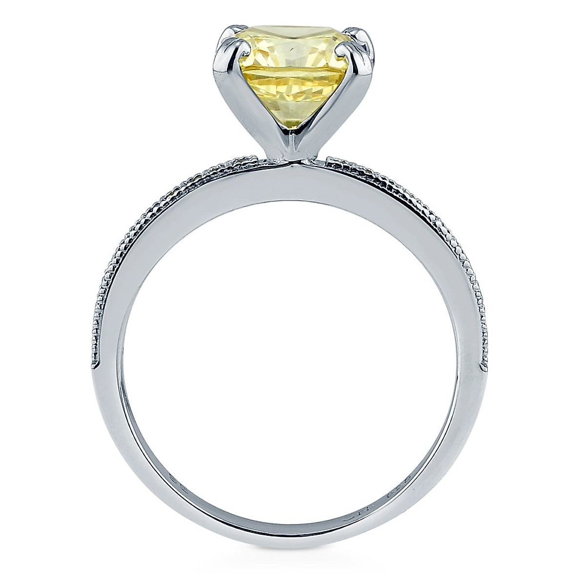 BERRICLE Sterling Silver Solitaire Wedding Engagement Rings 3 Carat Canary Yellow Cushion Cut Cubic Zirconia CZ Ring for Women, Rhodium Plated Size 6
