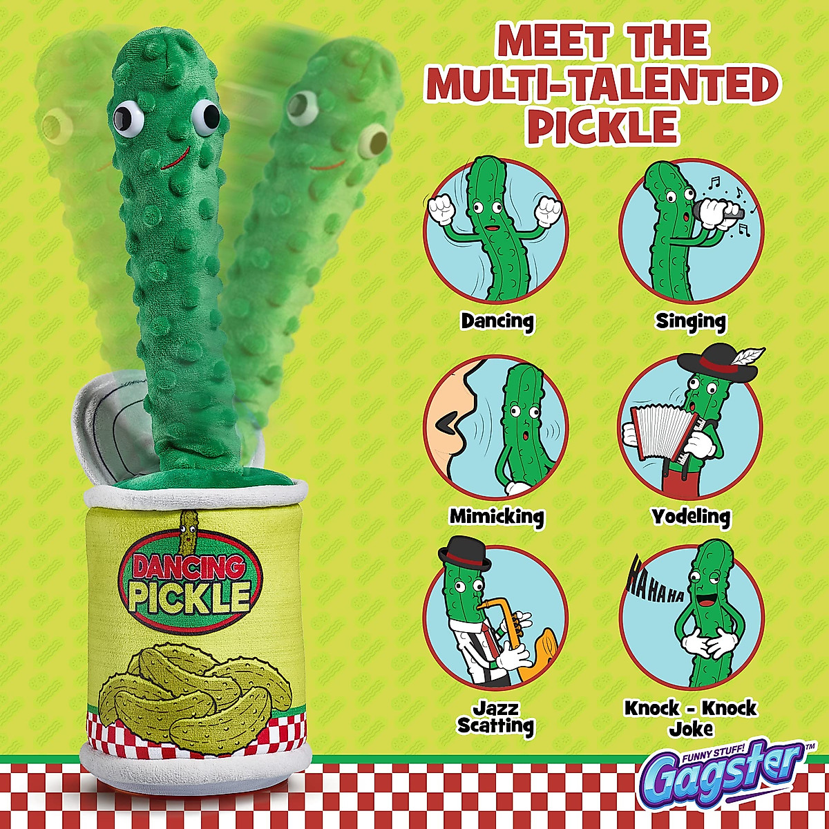 Gagster Dancing Pickle - Sings, Repeats What You Say & Tells Jokes, Singing & Talking PickleToy, Electronic Yodeling Pickle for Anyone Who Loves Pickles and Funny Gag Gifts