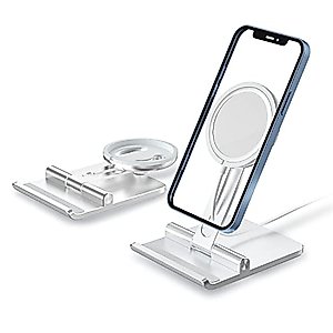 Laxarmer Phone Stand for MagSafe Charger, Adjustable Aluminum Stand Holder Dock Cradle for Desk, Compatible with iPhone 14 13 12 Mini, Pro, Pro Max, MagSafe Charger Not Included-Silver