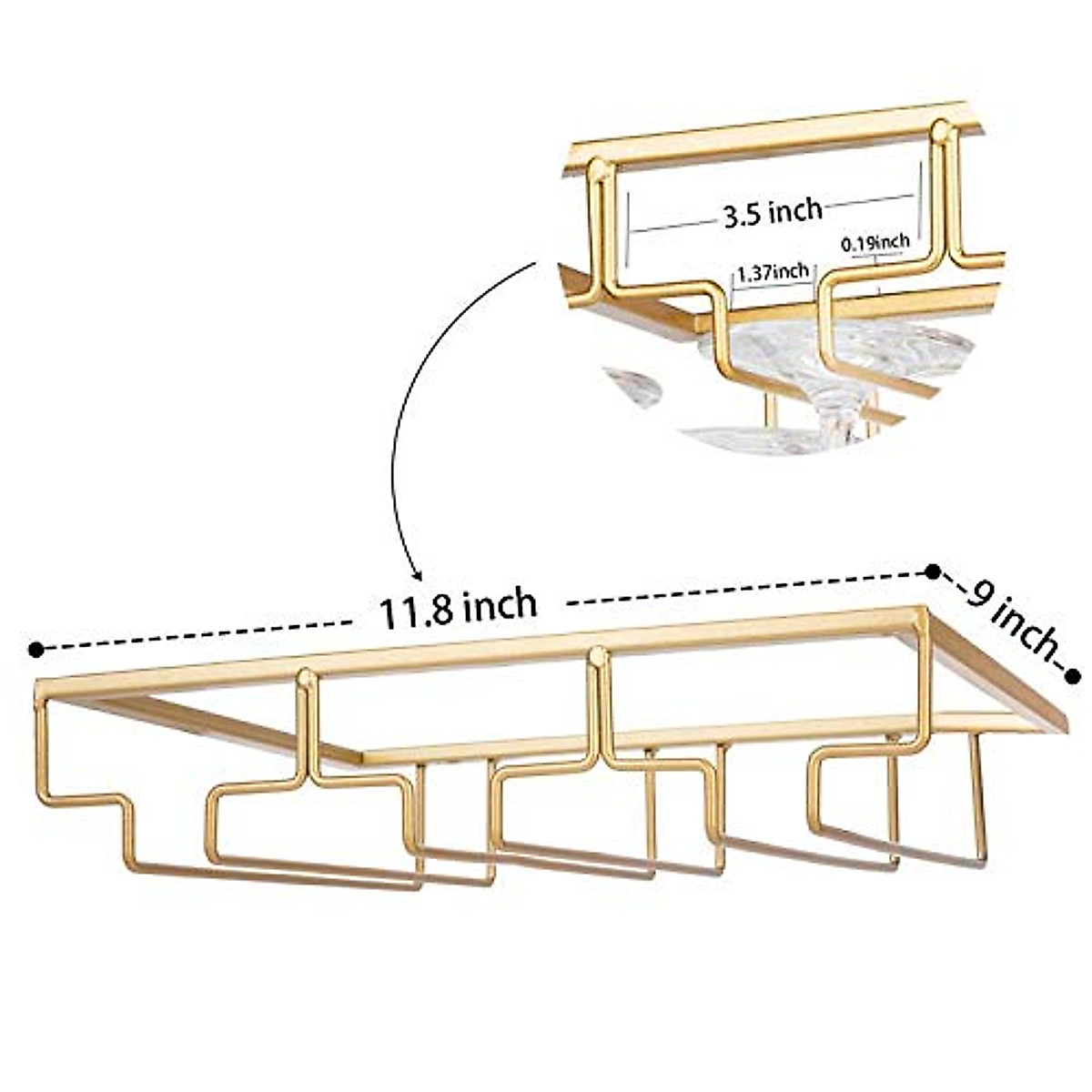 Wine Glass Rack - Under Cabinet Stemware Wine Glass Holder Glasses Storage Hanger Metal Organizer for Bar Kitchen Gold