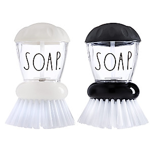 Rae Dunn Collection Soap Dispensing Dish Brush Set - Set of 2 Palm Brush Dish Scrubber with 2 Replacement Brush Heads