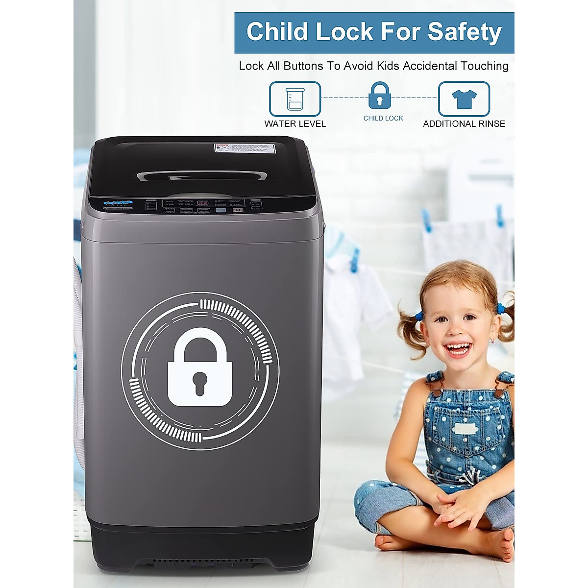 KRIB BLING Full-Automatic Washing Machine 17.7 lbs Small Compact Portable 10 Wash Program & 8 Water Level Compact Washer with LED Display Ideal for Apartments, RV, Camping, Grey