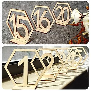 SYCOOVEN Wooden Table Numbers, 1-10 Wedding Table Numbers with Holder Base, Double Sided Hexagon Shape Perfect for Wedding, Party, Events or Catering Decoration(11-20)