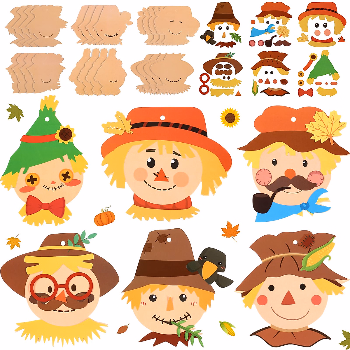 Yexiya 24 Pieces Fall Scarecrow Head Craft Kits Assorted Scarecrow DIY Ornaments for Kids Art Gift Favors Autumn Thanksgiving Project Home Classroom Game Activities