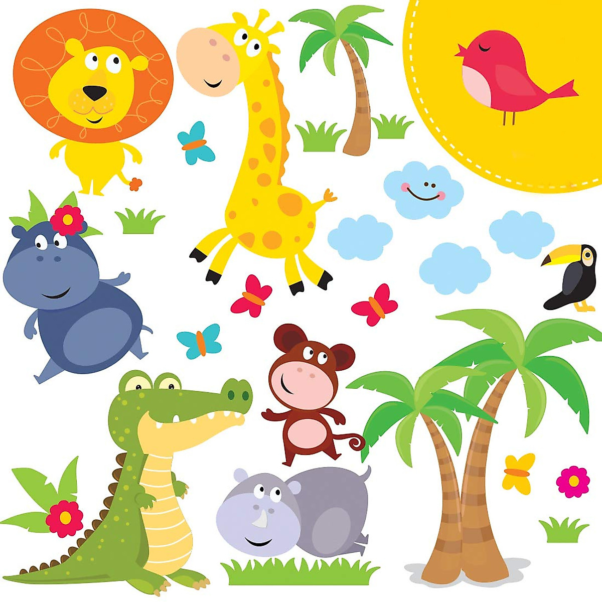Animal Safari Jungle Vinyl Wall Decal for Kids Bedroom playroom - Decorative Art Stickers for Baby Girl Boy Wall Decor - Nursery Wall Stickers [24 Art clings] - Wall Decals for Boy - with Gift!