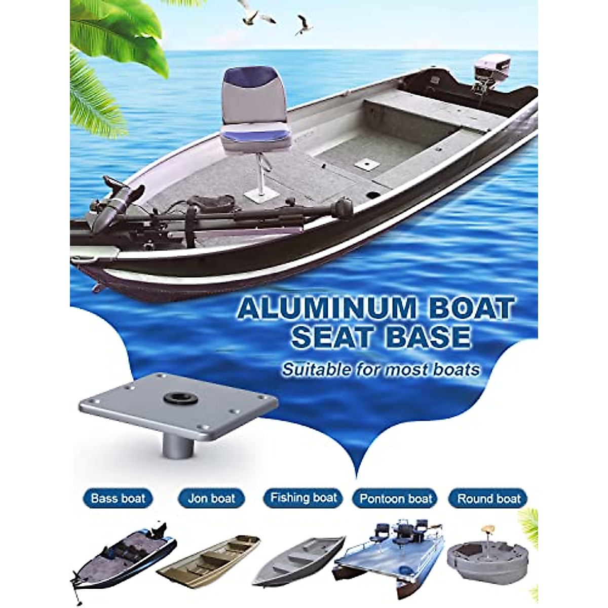 MATINA Boat Seat Base, 7" x 7" Aluminum Boat Seat Pedestal & Base with 3/4" Pin Post Socket, Heavy Duty Boat Accessories for Boat Seat Post & Boat Seat Mount to Install Boat Seats, 1 Pack