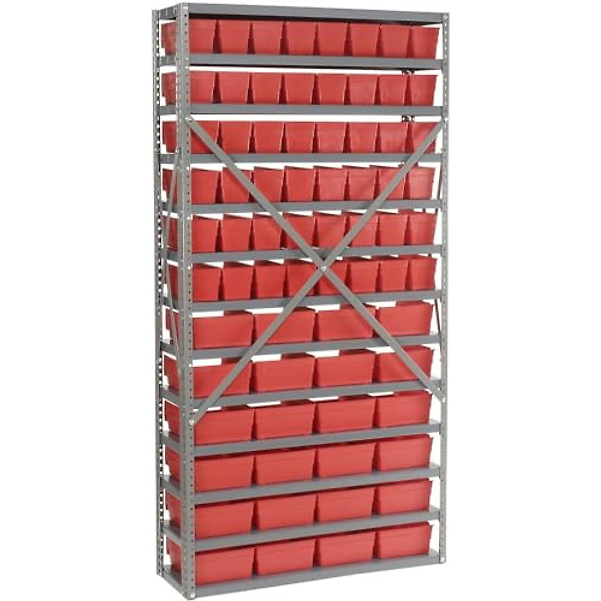 Global Industrial 13 Shelf Steel Shelving with (72) 4" H Plastic Shelf Bins, Red, 36x12x72