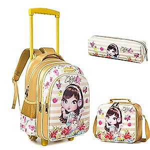MOHCO Rolling Backpack Cute 16 inch Set 3 in 1 with Lunch Bag and Pencil Case for Girls (Yellow)