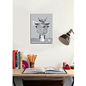 Yaoliyu Bathroom Decor Highland Cow Wall Art,Cow Reading Newspaper on Toilet Canvas Prints Black and White Cow Picture Funny Farmhouse Wall Decor Stretched and Framed Ready to Hang 12x16inch