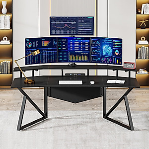 Tribesigns Computer Desk, 70.9" Large Home Office Desk with Monitor Stand, Modern Wing-Shaped Gaming Studio Desk Study Table Workstation for Live, Streamer, Black