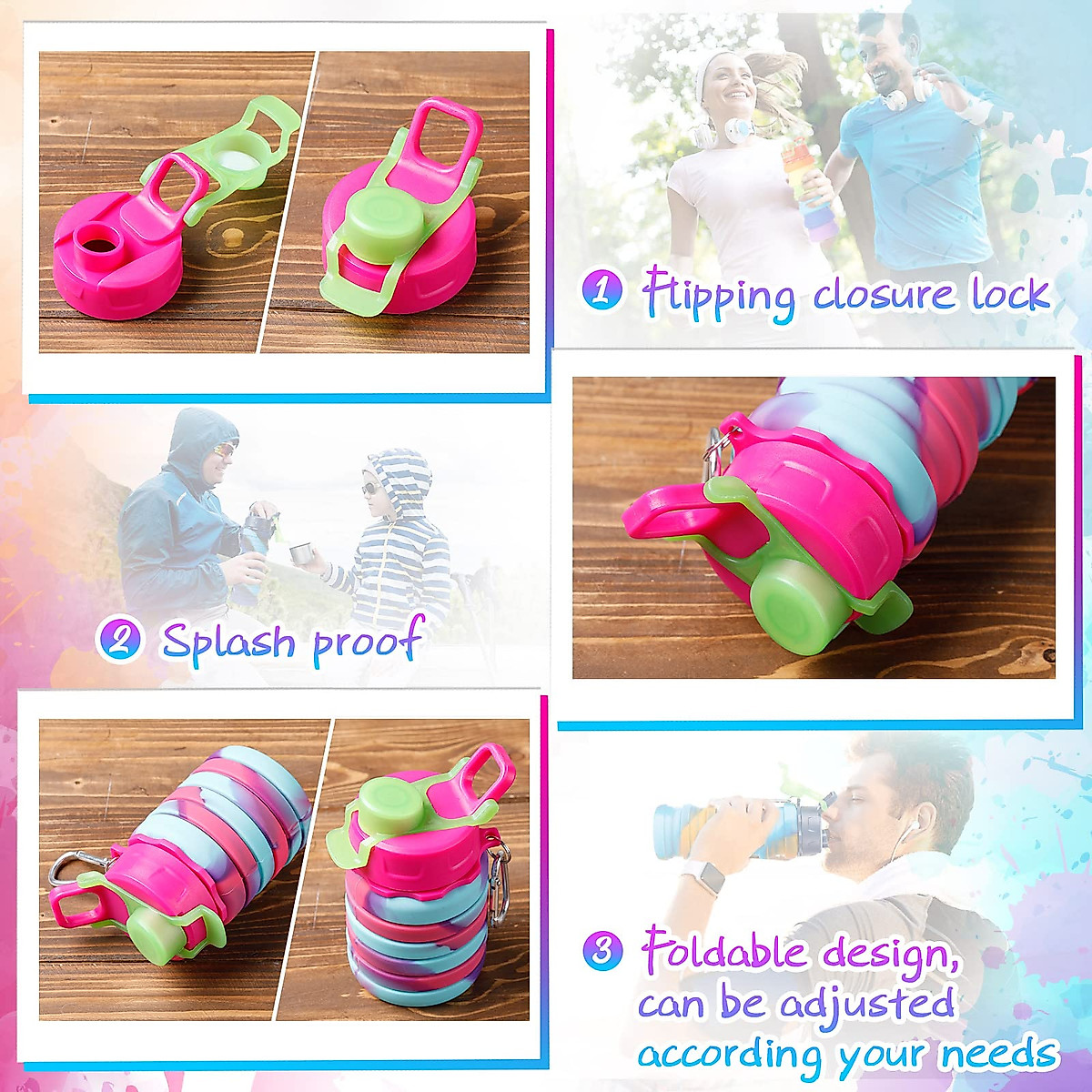 CHENGU 8 Pcs Collapsible Water Bottles Silicone Travel Water Bottle 16 oz Reusable Leakproof Foldable Water Bottles with Clip for Camping Hiking Cycling Travel Gym Yoga Outdoor Sports