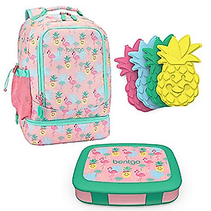 Bentgo 2-in-1 Backpack & Insulated Lunch Bag Set With Kids Prints Lunch Box and 4 Reusable Ice Packs (Tropical)