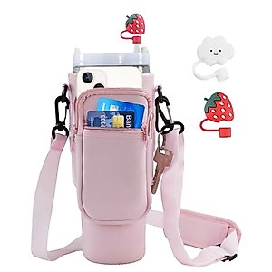 GUTAROR Water Bottle Carrier Bag Compatible with Stanley 30 40oz Tumbler with Handle, Water Bottle Holder with Adjustable Shoulder Strap 2 Straw Covers for Hiking Travelling Camping (Rose Quartz)