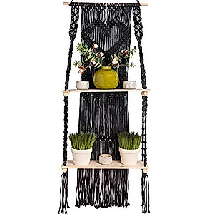 KALTEK Black Macrame Shelf | Boho Style with Two Tier Wood Shelves | Beautiful Handmade Macrame Shelf for Hanging Plants and Decor | Boho Wall Decor with Macrame Rope and Shelf