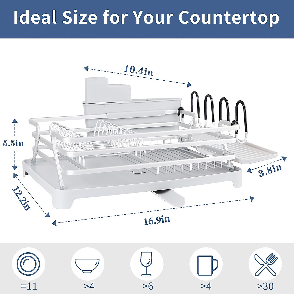 [Upgraded] Aluminum Dish Drying Rack, ROTTOGOON Rustproof Dish Rack and Drainboard Set with Drainage, Utensil Holder, Cup Holder, Compact Dish Drainer for Kitchen Counter, 16.9"L x 12.2"W, Light Gray