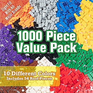 SCS Direct Building Block Bricks- Set of 1000 Pc Bulk- 7 Glow in The Dark Colors with 54 Roof Pieces - Compatible and Tight Fit with Major Brands- Great for Activity Table, School Projects